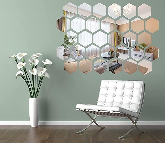 12 Hexagon Silver Mirror Stickers For Wall, Acrylic Sticker, Hexagonal